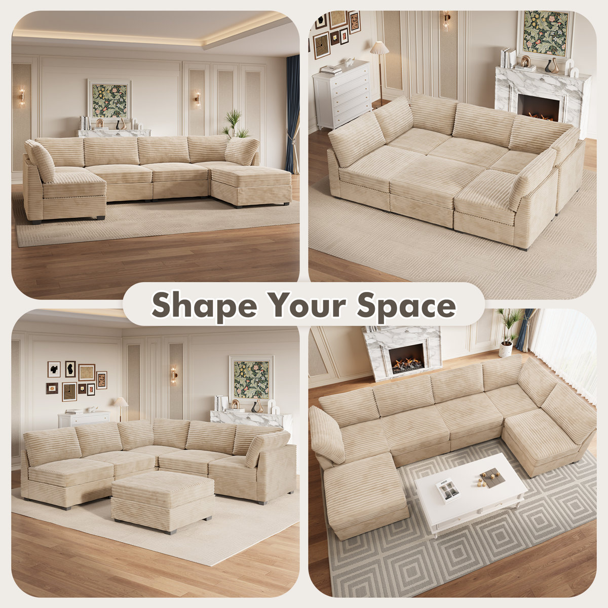 Mercer41 6-Piece Modular Corduroy Sectional Sofa With Ottoman, Deep Seat Cloud Couch For Living ...
